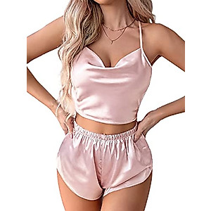 LYANER Women's Silky Satin Pajamas Set Cami Crop Top with Shorts Lingerie Sleepwears PJ Set Pink Small