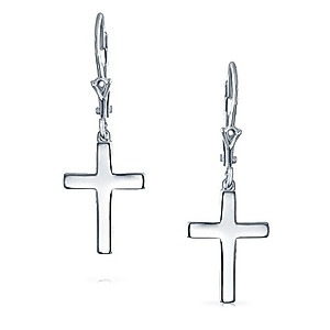 Minimalist Simple Small Religious Dangle Cross Earrings For Women Teen Secure Lever Back .925 Sterling Silver