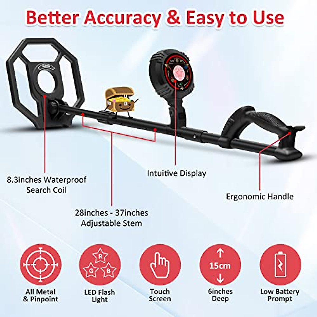 DR.ÖTEK Metal Detector for Kids, 8.3 Inch Waterproof Junior Metal Detector with Innovative Search Coil, Exclusive DIC/Pinpoint Mode, Touch Screen, Adjustable Stem, LED Display & Buzzer, Easy to Use