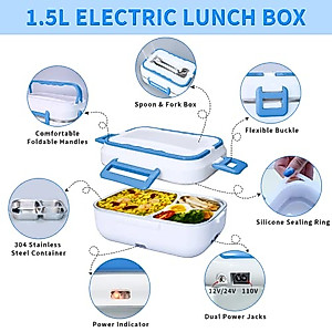 Electric Lunch Box 60W Portable Food Warmer Heater 3-in-1 1.5L Faster Heated Lunch Boxes 12V 24V 110V for Car Truck Home Heating Microwave 304 Stainless Steel Container with Fork Spoon & Carry Bag