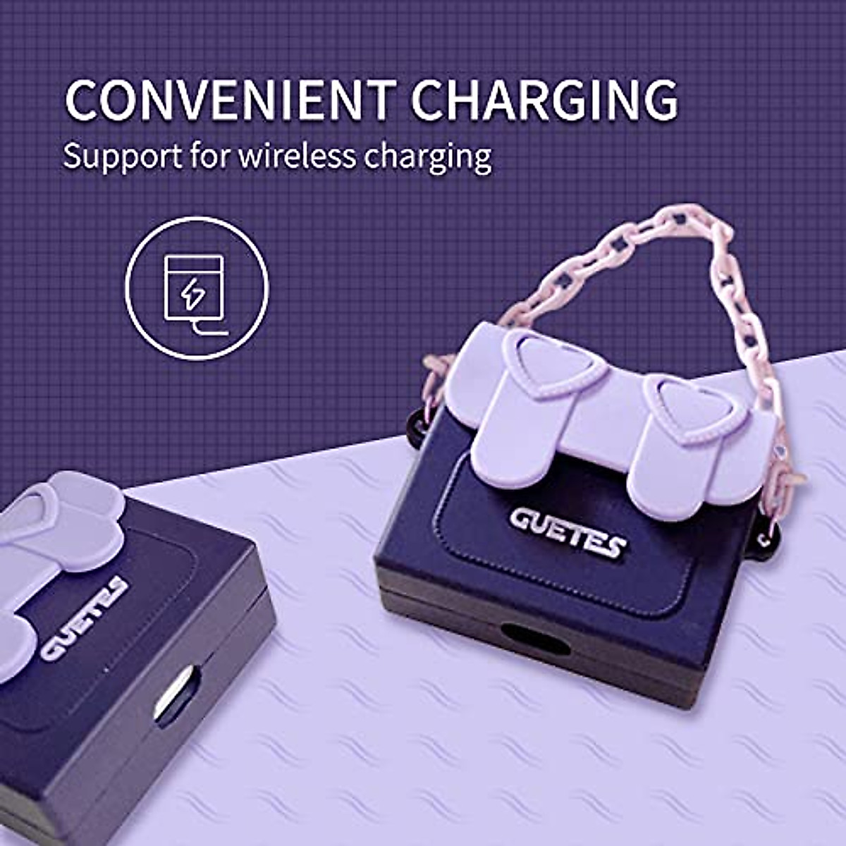 NC Airpod Pro Case Cute for Women, Funny Chain Bag 3D Silicone Case, Protective Accessories CasesKeychainPompomStrap, Compatible with Apple Airpods (2019) for Girl (Purple), 6x4x7cm