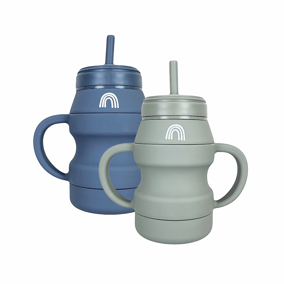 Hippypotamus Silicone Transition Cups - Squeeze-Proof Toddler Cups With Straw & Lid - Removable Handles - Set of 2 (Sage/Fog)