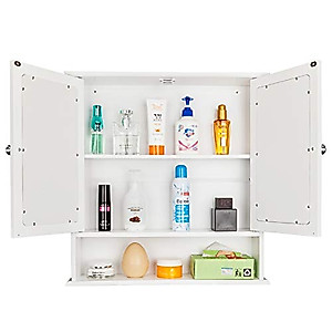 HomVent Bathroom Wall Mirror Cabinet Medicine Over The Vanity Space Saver Storage Cabinet,White Wall Mounted Cabinet with Double Door and Shelves MDF Board
