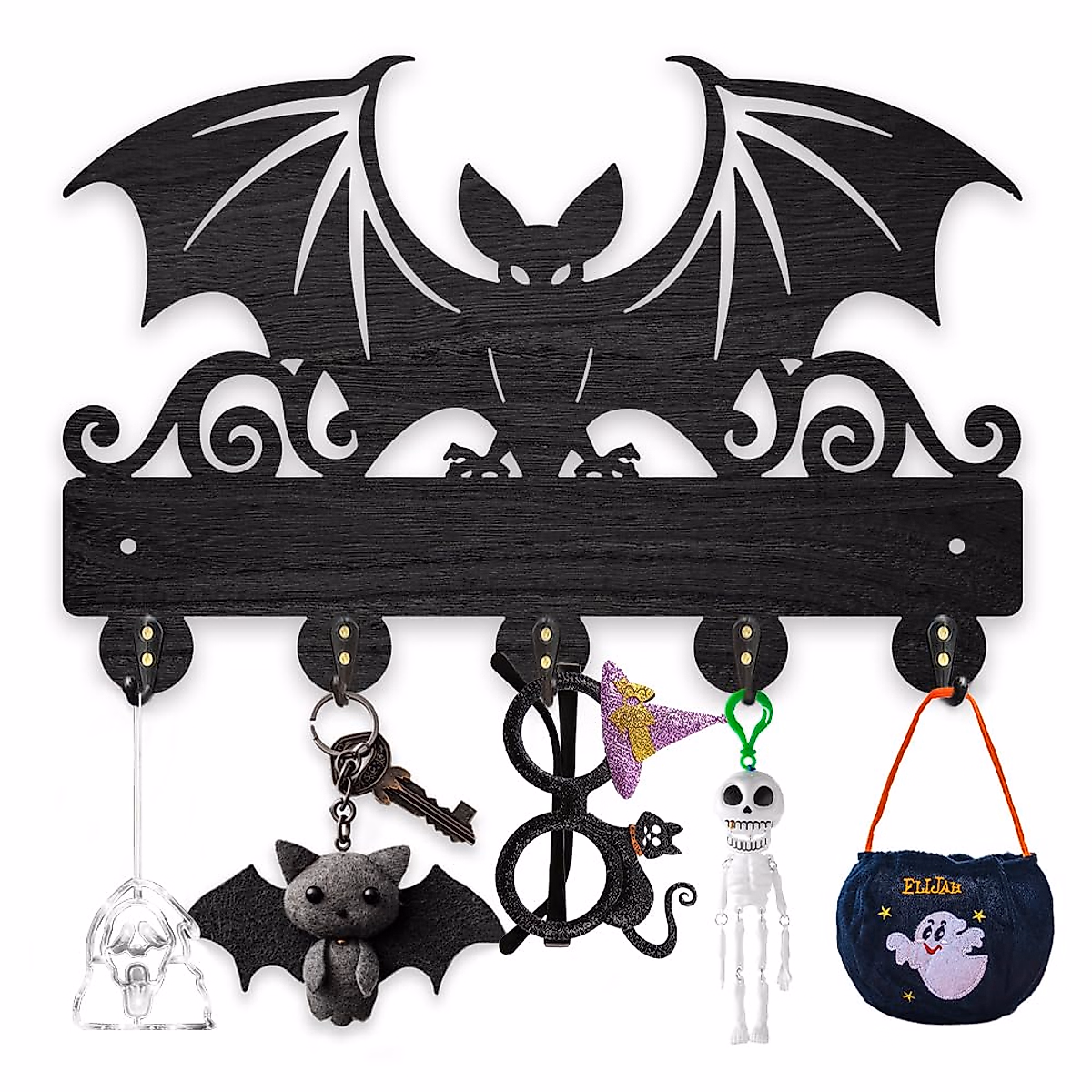 MAYJOYDIY Wood Bat Wall Key Hook Halloween Animal Theme Wall Mounted Key Holder 11.8×7.9inch Wall Art Decor Black Wall Key Rack Organizer 5 Alloy Hooks for Gift Hallway Home Decor Bag Towel Hanging