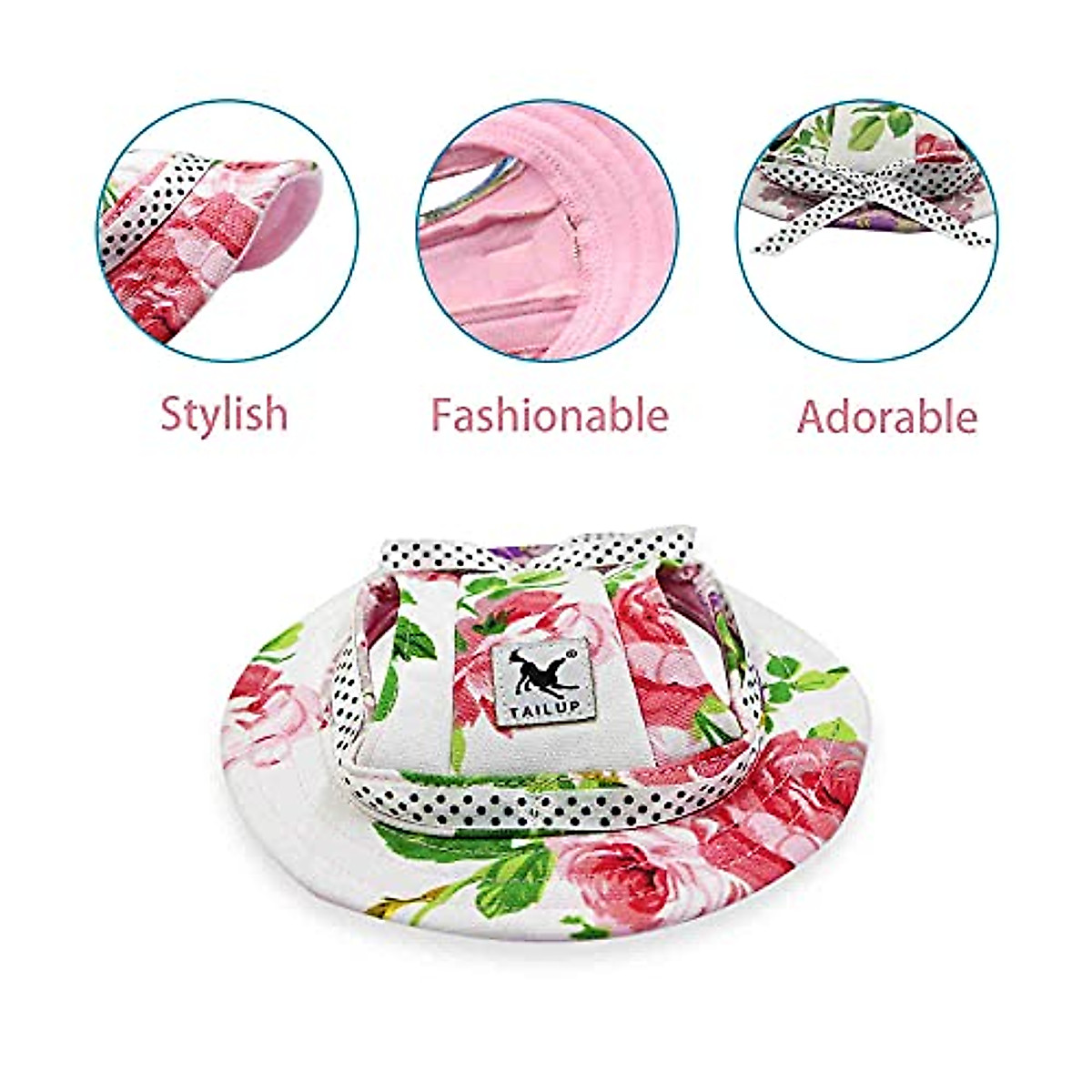 YAODHAOD Pet Round Brim Princess Cap Visor Hat Dog Outdoor Mesh Porous Breathable Sun Protection Cap with Ear Holes and Adjustable Chin Strap for Small Dogs Pug Chihuahua Shih Tzu (Flowers, M)