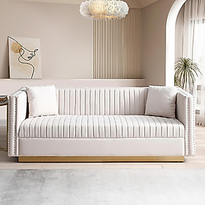 mikibama Modern Velvet Loveseat Sofa, 78 Inch Channel Tufted Sofa Couch, Luxury 3 Seater Couch with 2 Pillows and Gold Metal Legs for Living Room, Bedroom, Apartment (Beige)