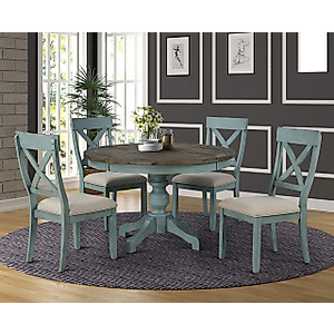 Roundhill Furniture Prato 5-Piece Round Dining Table Set with Cross Back Chairs, Antique Blue and Weathered Walnut