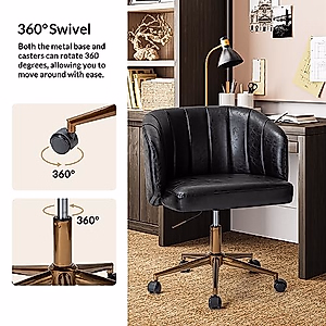 HULALA HOME Modern Faux Leather Office Chair with Gold Metal Base, Home Desk Chair with Channel Barrel Back, Height-Adjustable Swivel Computer Task Chair for Study Bedroom Living Room, Black