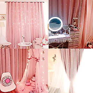 UNISTAR 2 Panels Stars Blackout Curtains for Bedroom Girls Kids Baby Window Decoration Double Layer Star Cut Out Aesthetic Living Room Decor Wall Home Curtain,W52 x L63 Inches,Pink