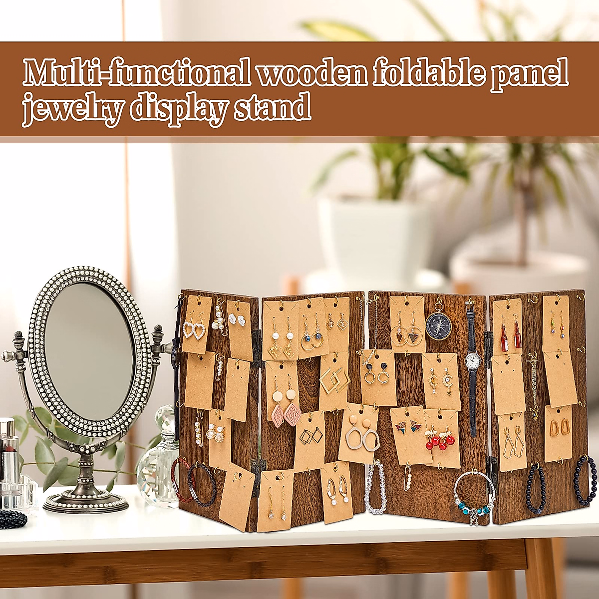 101 Pcs Foldable Wooden Jewelry Display Stand 64 Hooks Earring Display Rack for Selling Earring Display Cards 4 Panel Wood Jewelry Display Bracelet Organizer with Earring Cards for Business Home Using