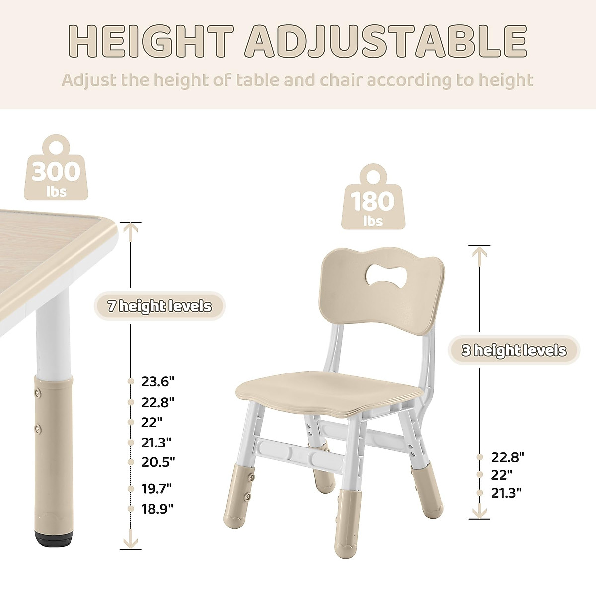 DOREROOM Kids Table and 2 Chairs Set, Height-Adjustable Toddler Table and Chairs Set with Graffiti Desktop, 23.6''L x 23.6''W Children Activity Table for Daycare, Classroom, Home