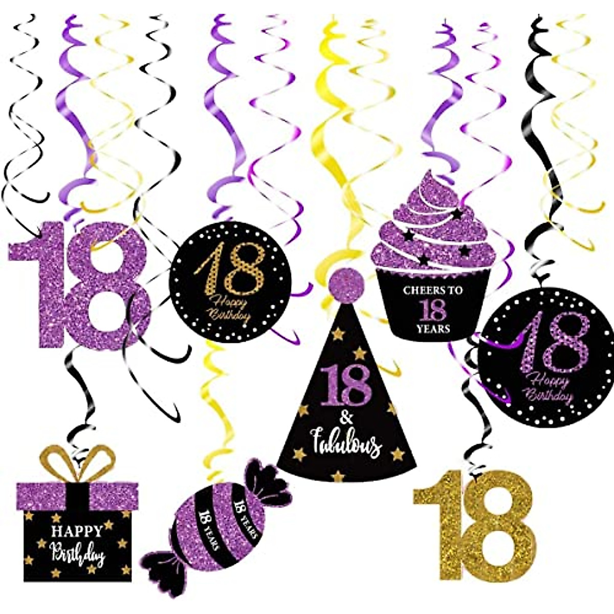 18th Birthday Decorations for Girls Purple Black Gold Girl 18th Birthday Party Hanging Decor/Purple Gold Black Foil Hanging Swirls Girl 18th Birthday Party Decoration Swirls