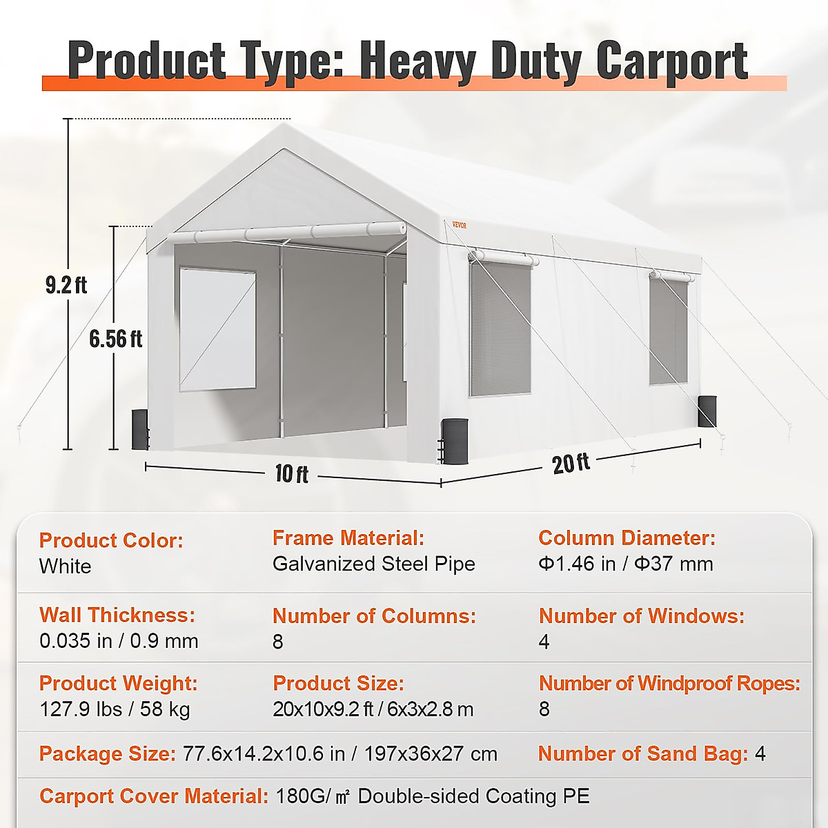 VEVOR Carport 10x20ft, Upgraded Version Car Canopy Portable Garage, Heavy Duty Car Port with Roll-up Ventilated Windows & Removable Sidewalls, UV Resistant Waterproof All-Season Tarp for SUV Truck