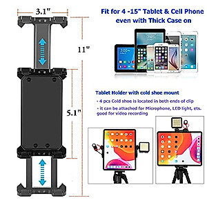 67 inTablet Ipad Tripod Stand Holder with Shutter and Cold Shoe Mount for iPad Pro 12.9/11 Air Mini, iPhone Galaxy, Applied Video Recording, Live Stream, Watching, 4~15 inch Devices