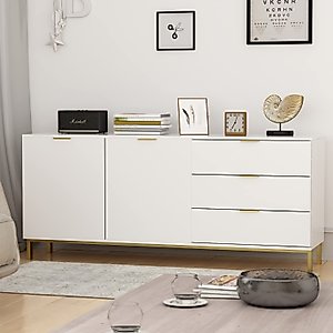 AIEGLE Sideboard Buffet Cabinet with Storage, Wood Coffee Bar Cabinet, 63" Kitchen Cabinet with 3 Drawers & 2 Doors, Kitchen Buffet Cabinet Cupboard with Gold Metal Legs, White