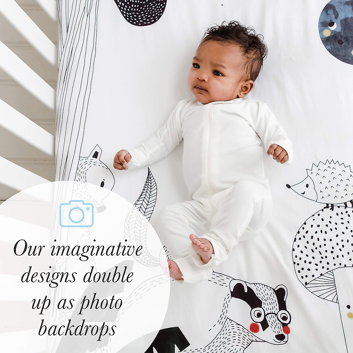 Rookie Humans 100% Cotton Sateen Fitted Crib Sheet: Woodland Dreams. Modern Nursery, Use as a Photo Background for Your Baby Pictures. Standard Crib Size (52 x 28 inches) (Black White)