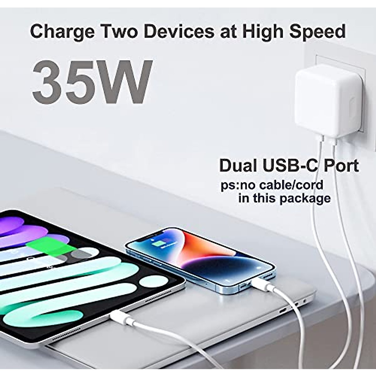 iPhone Dual USB-C Port Compact Power Adapter [GaN] PD 3.0 Foldable USB Type C Plug Fast Wall Charger Block for iPhone 14 13 12 11 Pro Max Plus Mini, iPad, AirPods, MacBook Air【Without Cable】