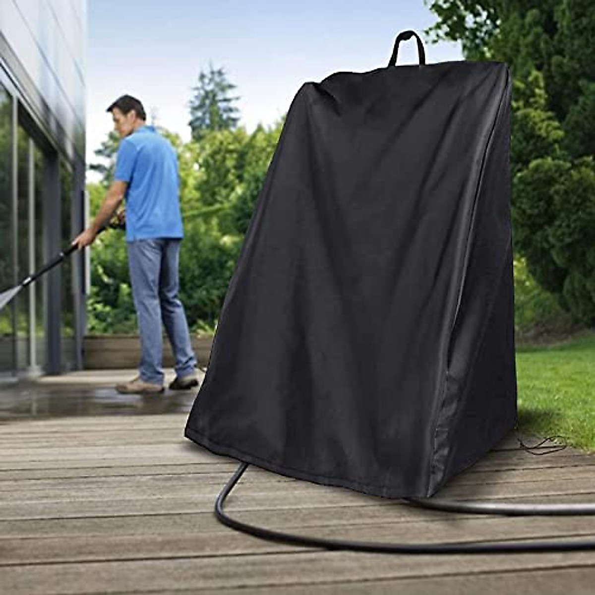 Garden Hose Reel Cover, Outdoor Portable Waterproof Dustproof Garden Free Standing Water Hose Reel Protective Cover for Veranda Patio furniture Rolling Hose Cart Black
