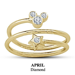 PB Collection Mickey Mouse Adjustable Birthstone Ring in 14K Yellow Gold Plated 925 Silver April
