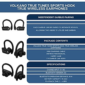 Volkano True Tunes Series Sports Wireless Earphones- Wireless Earphones with Microphone & Ear Hooks, True Bluetooth Sports Earbuds for Running, Sports, & Workout, Bluetooth Earphones (Black)