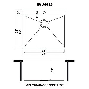 Ruvati Topmount Laundry Utility Sink 25 x 22 x 12 inch Deep Tight Radius 16 Gauge Stainless Steel - RVU6015