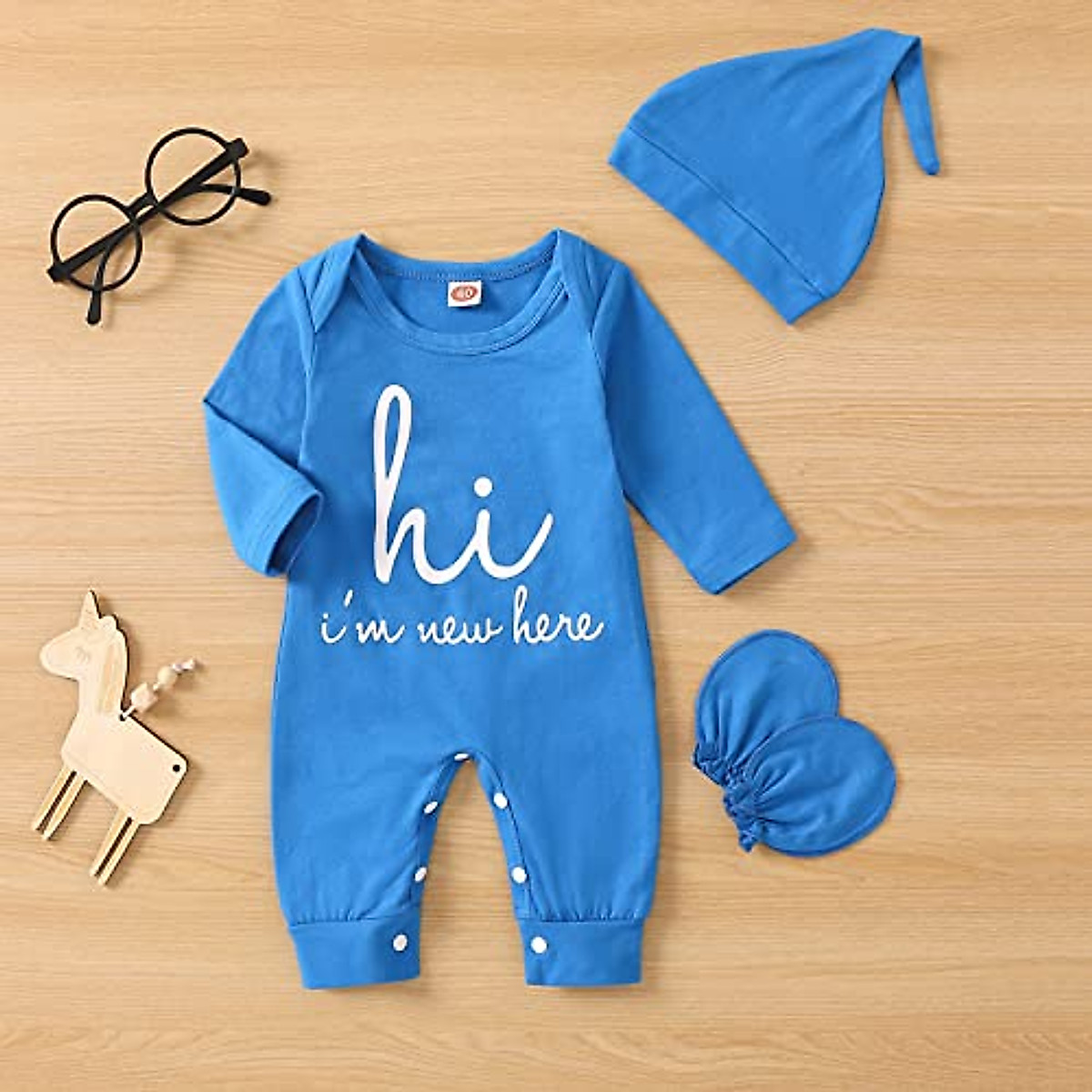 GRNSHTS Newborn Baby Boy Romper Coming Home Outfits Letter Print Bodysuit Jumpsuit+Hat+Gloves 3PCS Clothes Set (Royal Blue, Newborn)