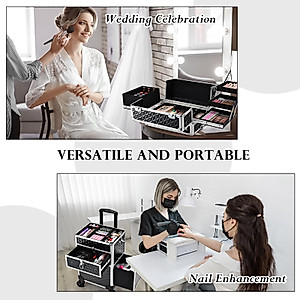 Joligrace Rolling Makeup Case with Wheels Professional Cosmetology Large Train Case Wheeled Cosmetic Trunk with 8 Divided Trays for Makeup Artist, Hair Stylish or Home Use - Black