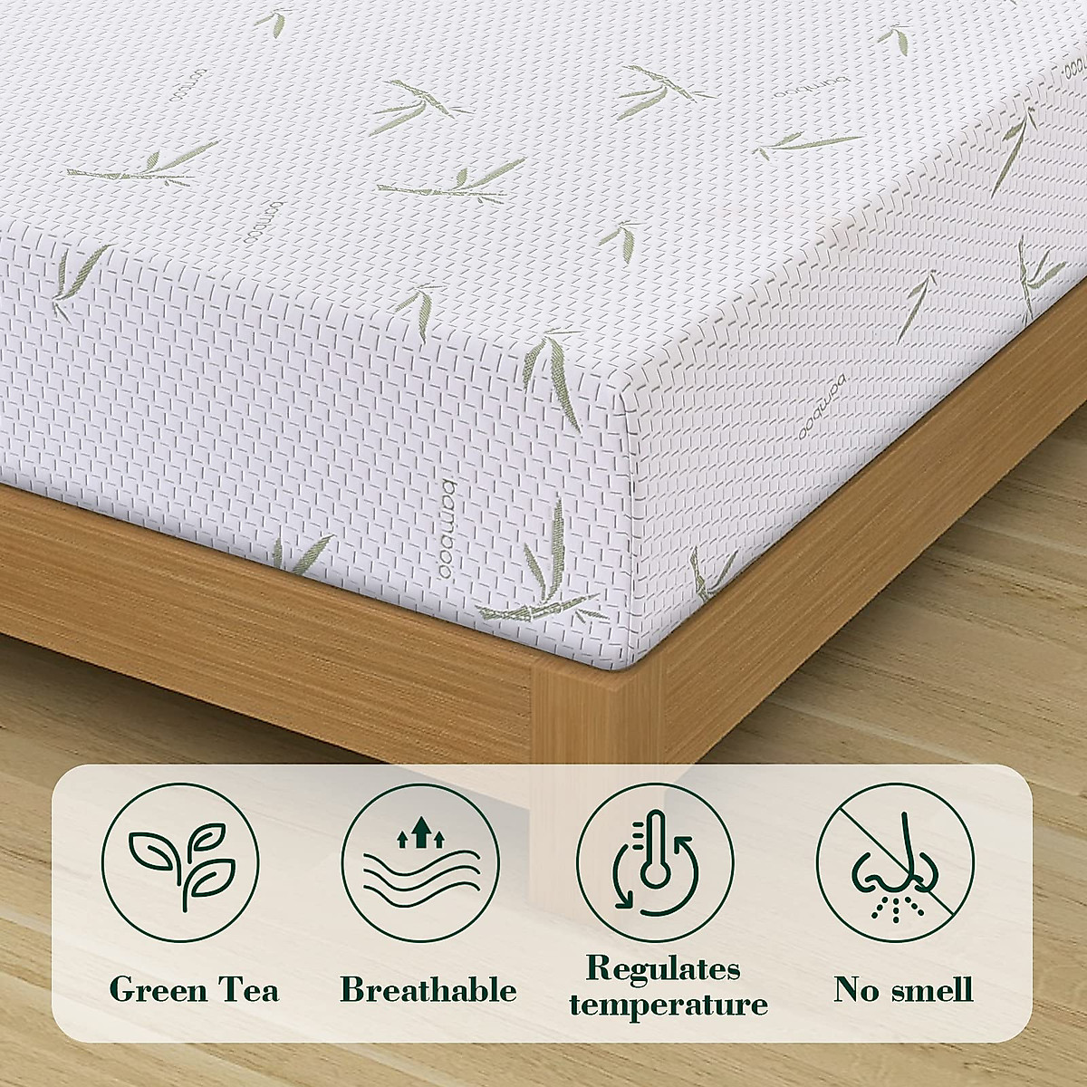 Vyfipt 8 Inch Medium Firm Green Tea Memory Foam Mattress, Cooling Gel Foam, Pressure Relieving, CertiPUR-US Certified, Bed-in-a-Box, White, Twin