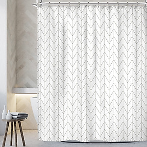 Riyidecor Chevron Shower Curtain White Beige Geometric Herringbone 60Wx72H Inch Striped Simple Modern Classy Neutral Contemporary Decor Fabric Bathroom Set Polyester Waterproof