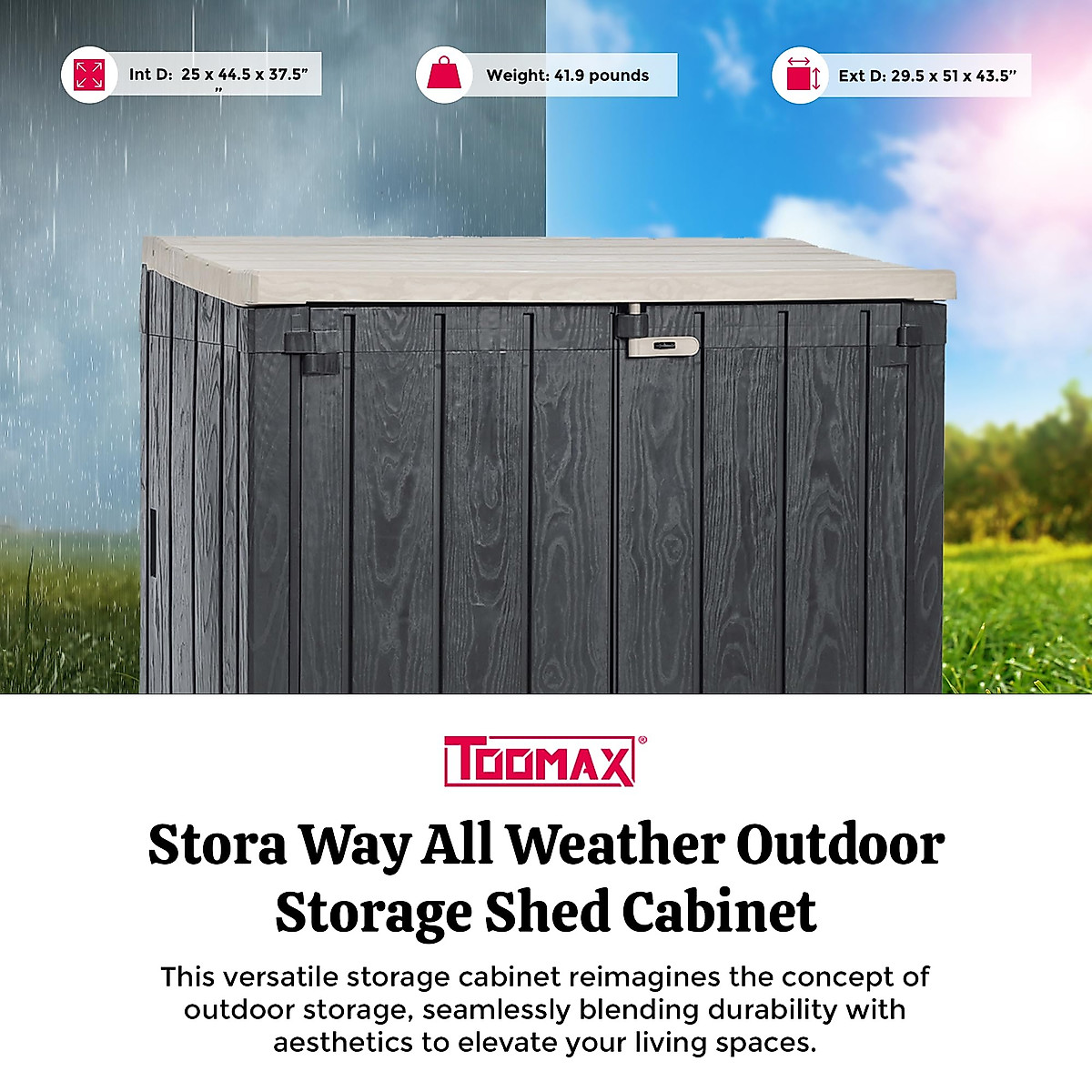 Toomax Stora Way Horizontal Outdoor Storage Shed Cabinet for Trash Cans, Gardening Tools, and Yard Equipment, Taupe Gray/Brown