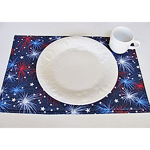 Fireworks & Stars Patriotic Cloth Napkins (Set of 2) Made in USA Patriotic Cotton Navy Blue/Red/White Glitter