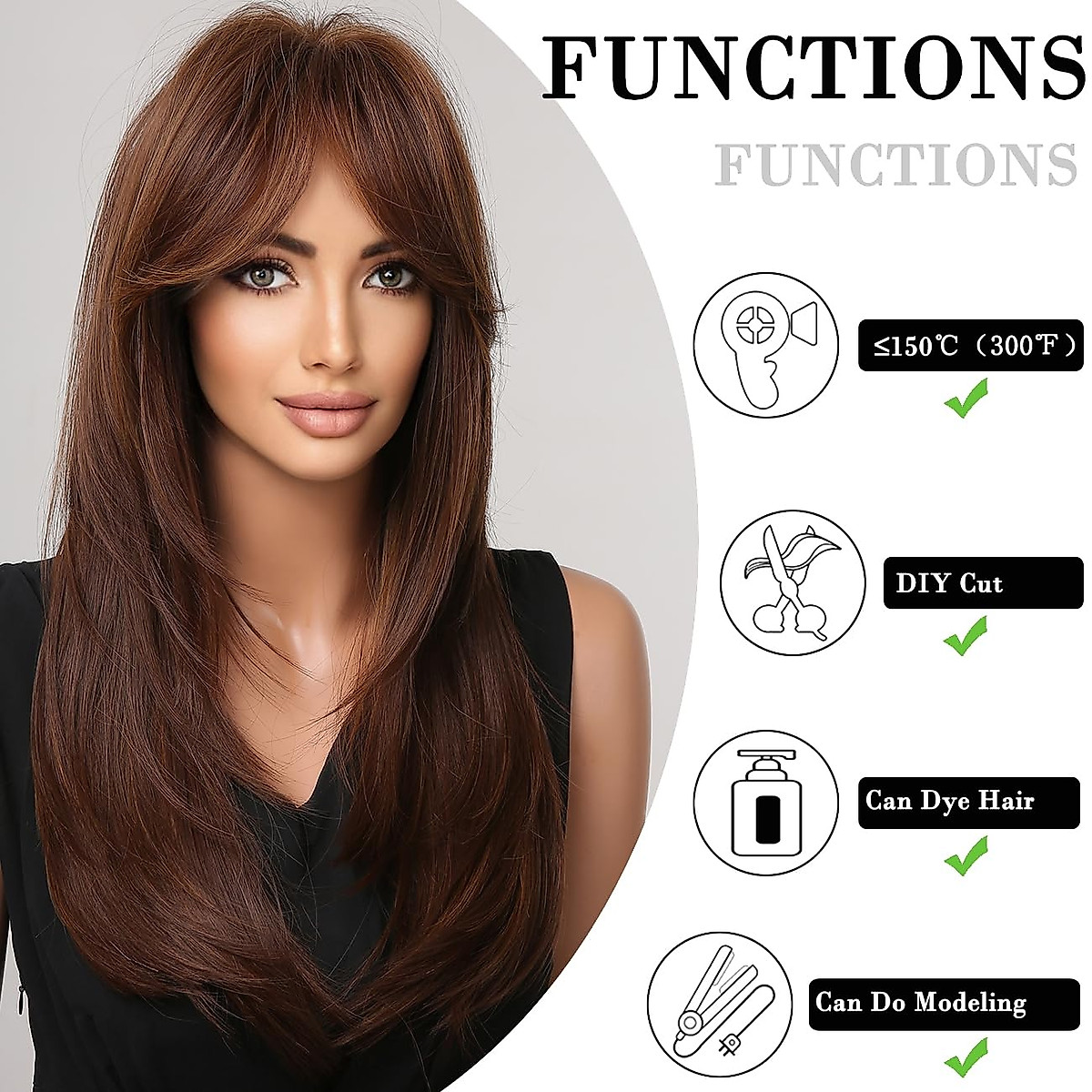 Doremiy Brown Wig with Bangs Natural Medium Length Straight Wigs for Women Heat Resistant Fiber Synthetic Wigs for Daily Cosplay