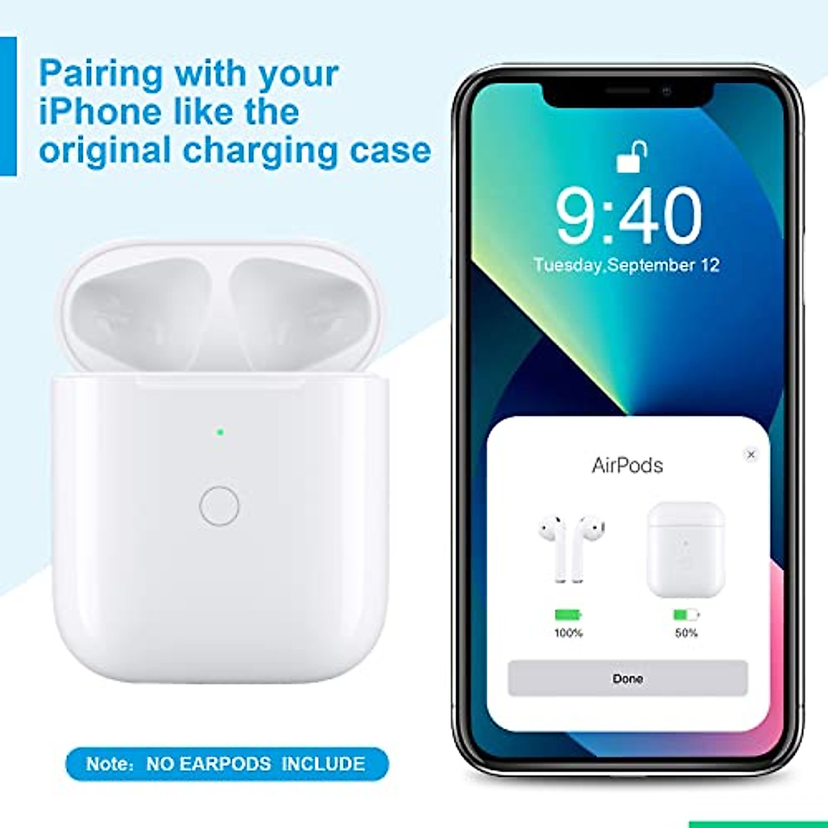 Wireless Charging Case Compatible with AirPods 1&2, Charger Replacement for Air Pods 660mAh Battery and Bluetooth Pairing Button, NO Earbuds, White, Standard