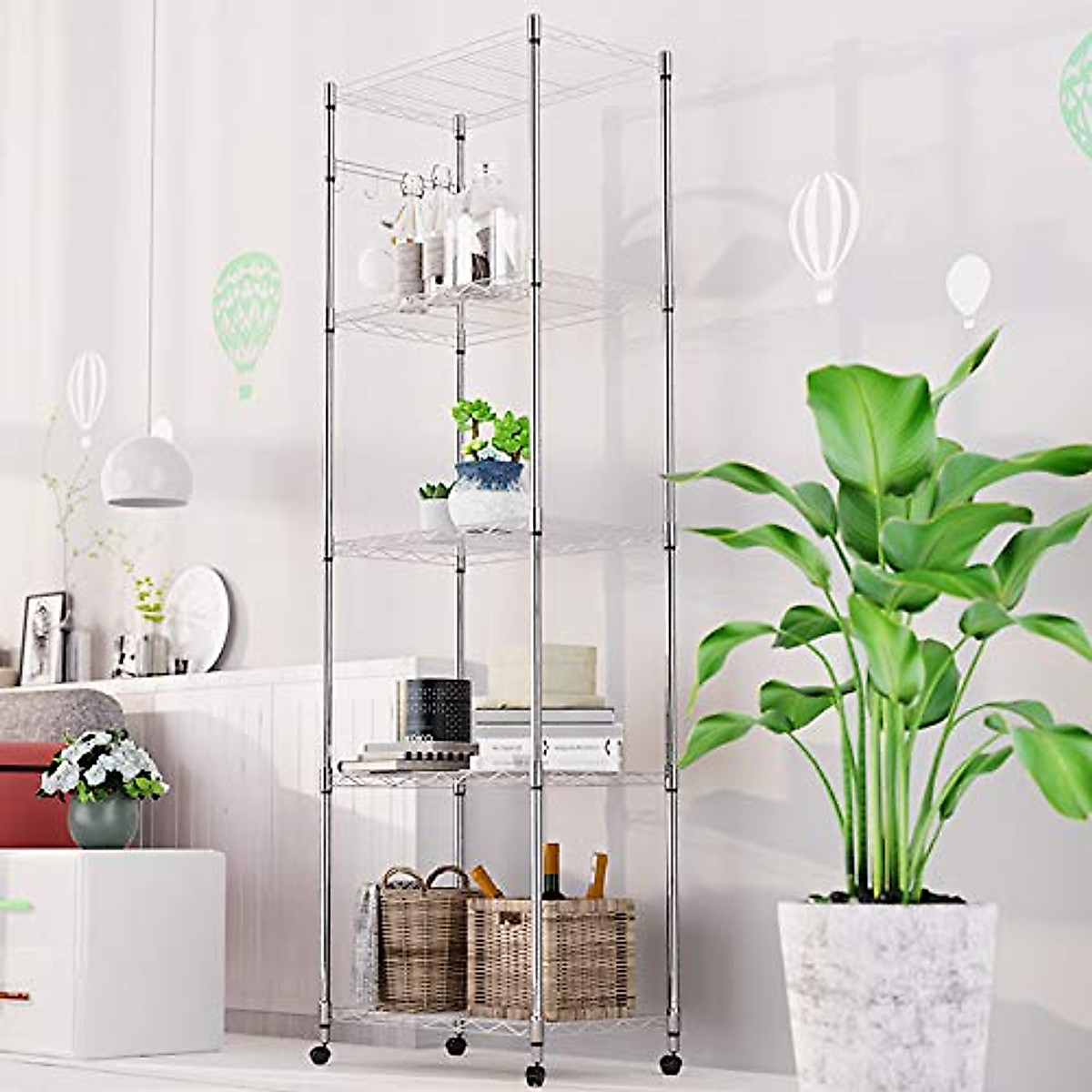 BATHWA 5-Shelf Wire Shelving Units, Sturdy Metal Shelf Chrome Organizer Wire Rack with 360° Wheels, Adjustable Utility Storage Shelves for Garage, Kitchen, Living Room, Bathroom, 23.2L x 13.8W x 72H