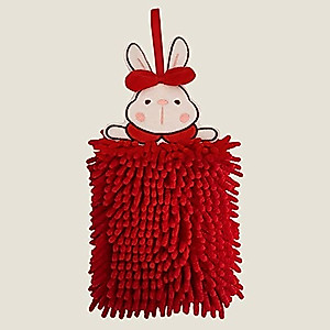NUFR 2 Pack Cute Rabbit Red Chenille Hanging Hand Towel with Loop for Kitchen Bathroom, Absorbent Small Hand Drying Cloth