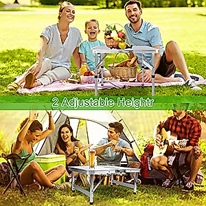 JUOIFIP Folding Camping Table Outdoor, 2 Adjustable Height Portable Folding Camping Table for Camp, Lightweight Aluminum Fold Up Camp Table for Picnic, BBQ, Party, Travel, Home Use. White