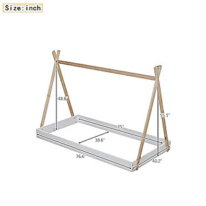 CABSETT Teepee Bed Frame for Kids, Twin Size Tent Floor Bed with Triangle Structure, Floor Platform Bed with X-Shaped Safety Railings, White+Natural
