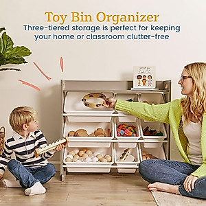 ECR4Kids 3-Tier Organizer with Shelf and 9 Bins, Toy Storage, Grey/White