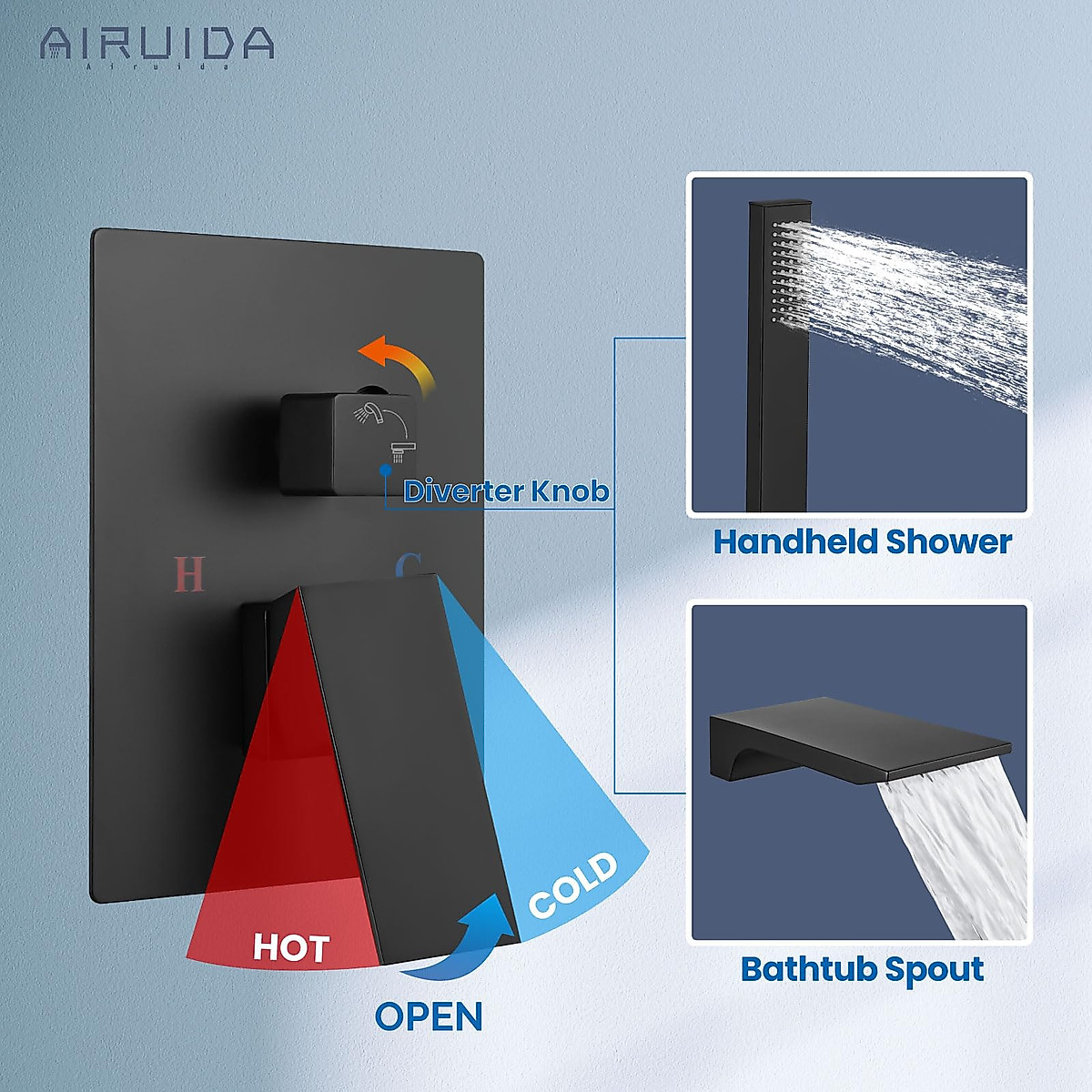 Airuida Wall Mount Tub Faucet with Waterfall Tub Spout Wall Mounted Bathtub Faucet with Handheld Shower Single Handle Tub Filler Shower Faucet Set with Rough-in valve Straight Spout Matte Black