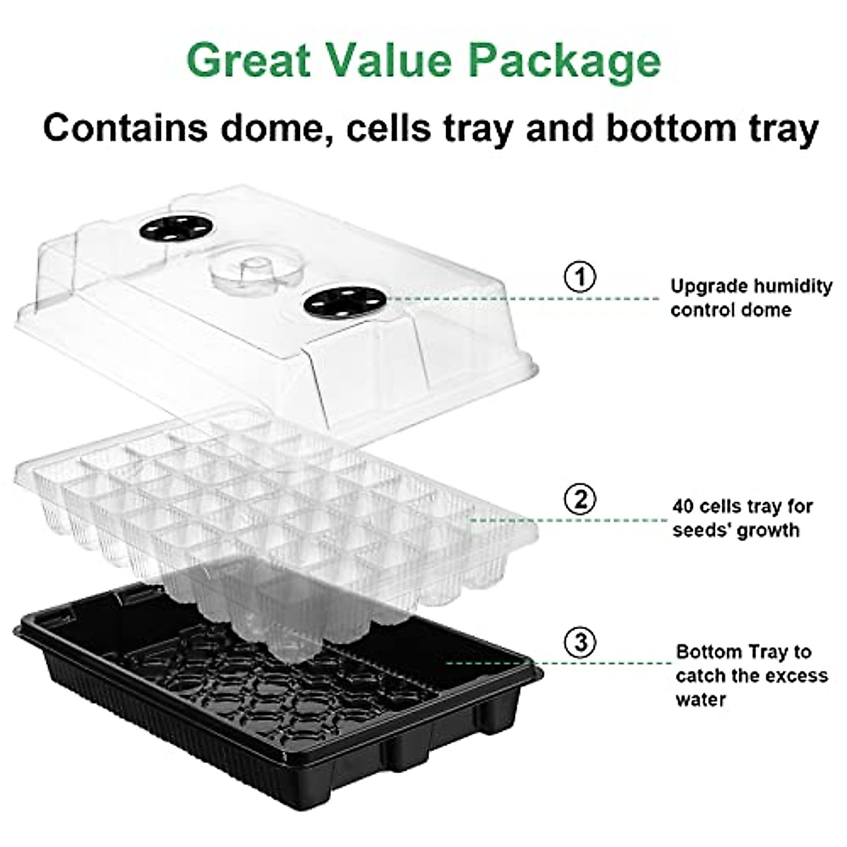 Youeon 6 Pack Seed Starter Tray with Adjustable Humidity Dome, Seed Starter Kit 240 Cells Total Tray, Garden Propagator Set with Planter Labels and Seedling Tools, Seedling Tray Kits, Black