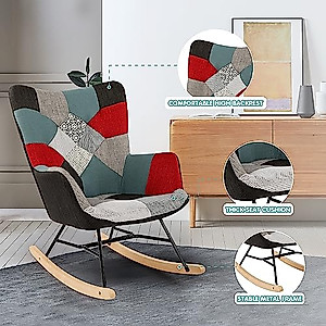 LSSPAID Rocking Chair Nursery Set of 1, Upholstered Glider Rocker with High Backrest Armchair Comfy Accent Glider Chair for Living Room, Bedroom, Nursery Room, Multi Color