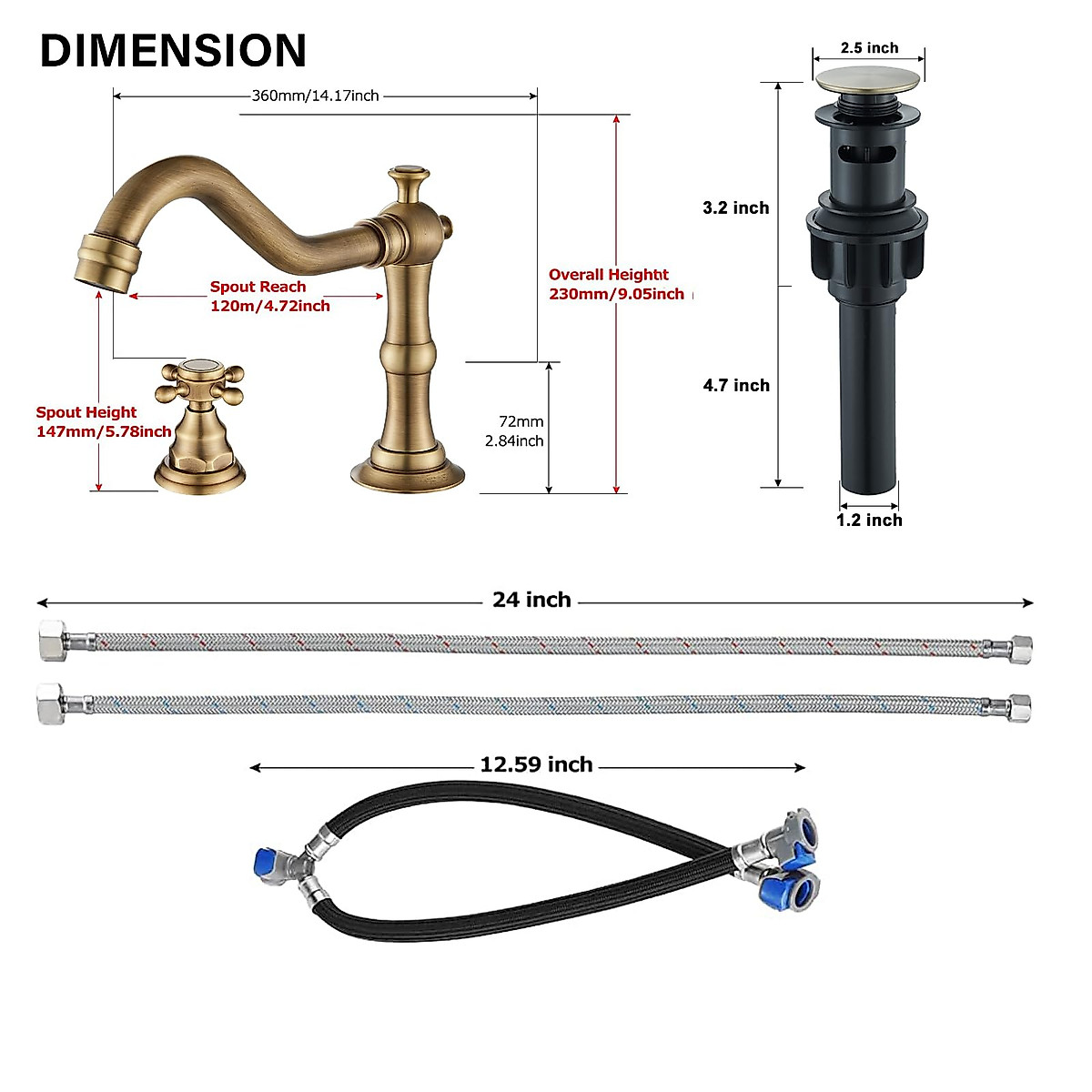 𝐕𝐨𝐭𝐚𝐦𝐮𝐭𝐚 𝐁𝐚𝐭𝐡𝐫𝐨𝐨𝐦 𝐒𝐢𝐧𝐤 𝐅𝐚𝐮𝐜𝐞𝐭 Antique Brass Bathroom Faucets for Sink 3 Hole 8 Inch Widespread Bathroom Faucet 2 Handles Faucet for Bathroom Sink with Pop Up Drain