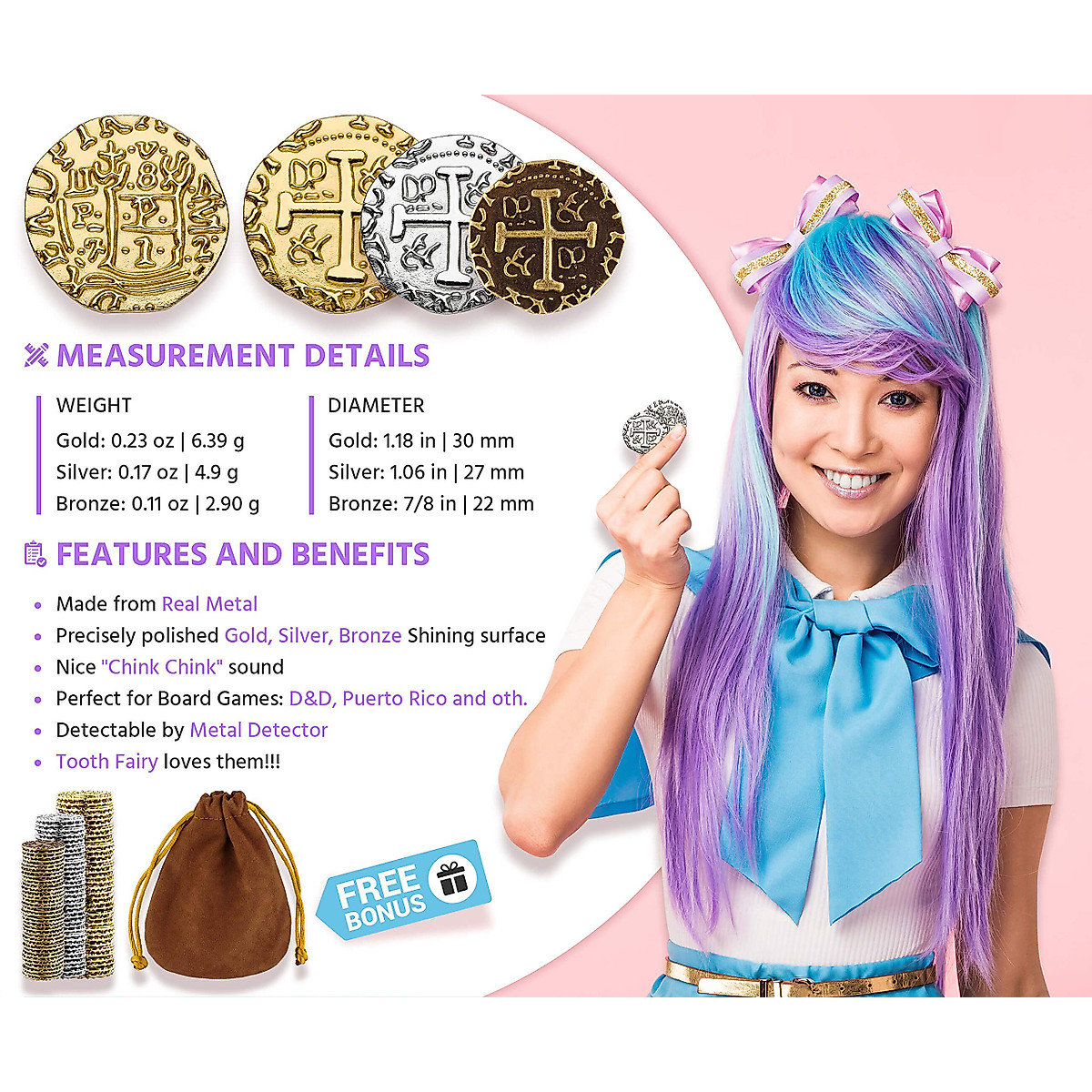 Pirate Coins, 102 Bronze, Silver & Gold Treasure Coin Set, Metal Replica Spanish Doubloons for Board Games, Tokens, Cosplay, Realistic Money Imitation, Pirate Treasure Chest, M, L, XL Sizes Mix