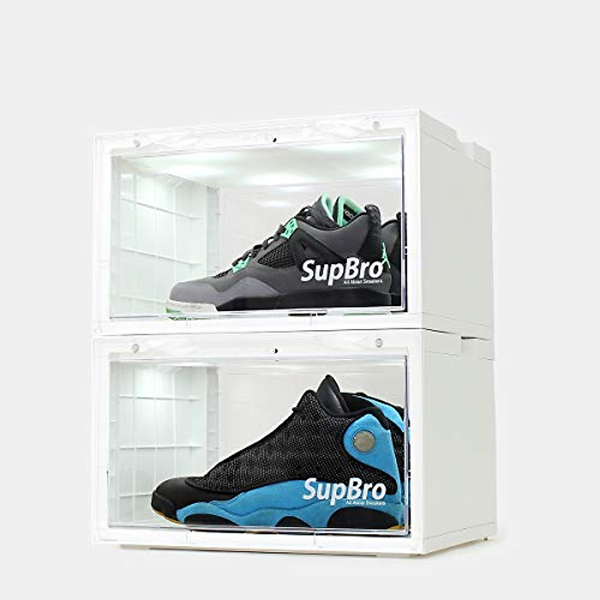 SupBro Led Collection Crate - Voice Control - Easy Access Storage Shoes box, Stackable Shoe Storage with clear plastic door for sneakers - (11.2 x 14.9 x 8.8 inch (2pack), White)
