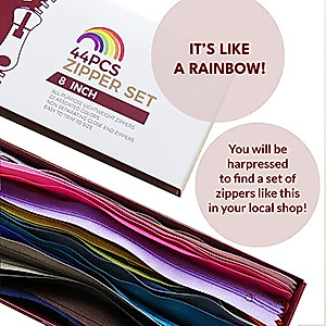 Madam Sew 44pcs 8 Inch Zippers for Sewing Garments – Bulk Zippers with Plastic Coil Teeth, Heavy Duty Metal Zipper Pulls and Nylon Tapes – Colorful Closed End, Non-Separating Zippers in 22 Colors