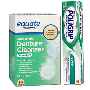 Super Poligrip Zinc Free 2.4oz Bundle with Equate Overnight 84 Denture Cleaner Tablets - Poligrip Super Denture Adhesive, Denture Cleaning Tablets, Retainer Cleaner for a Brighter Smile
