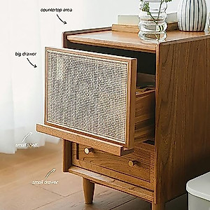 End Tables, Nightstand with Night Light, Side Table, Bedside Furniture, Boho Side Table with 2 Drawers, Cane Accent Bedside End Table with Solid Wood Legs, for Bedroom, Dorm and Small Spaces