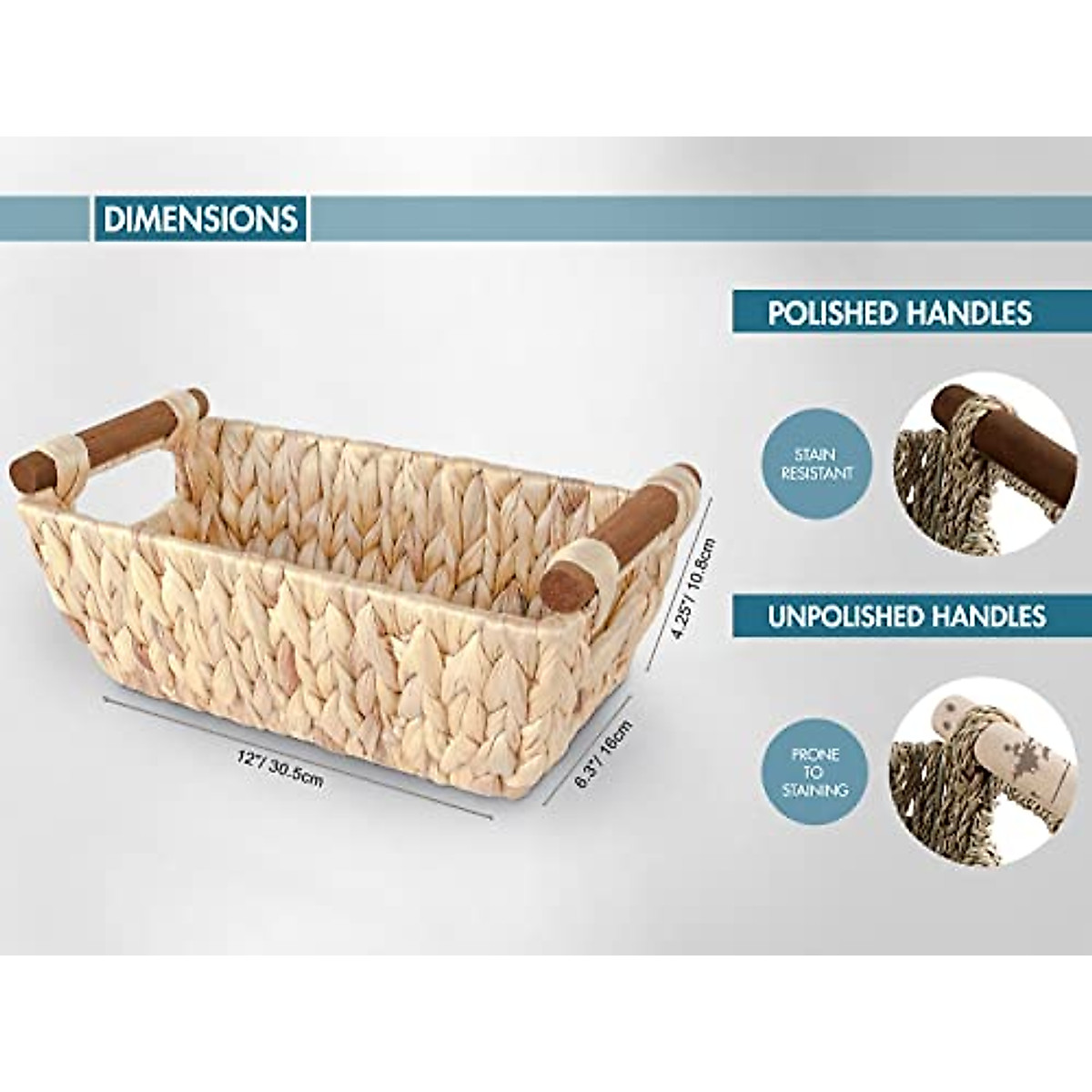 ADO Basics Water Hyacinth Hand Woven Basket, Stain Resistant Polished Wooden Handles Storage Wicker Baskets 12" Length, 6.29" Width, 4.25 Height