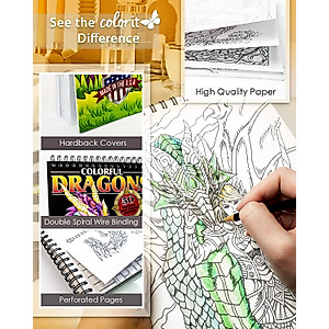 ColorIt Colorful Dragons Adult Coloring Book - 50 Single-Sided Designs, Thick Smooth Paper, Lay Flat Hardback Covers, Spiral Bound, USA Printed, Dragon Pages to Color (Volume I)