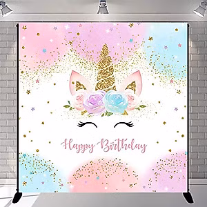 Mocsicka Rainbow Unicorn Backdrop Happy Birthday Party Decorations for Girls Watercolor Floral Glitter Stars Dots UnicornCake Table Banner Supplies Studio Props (6x6ft)